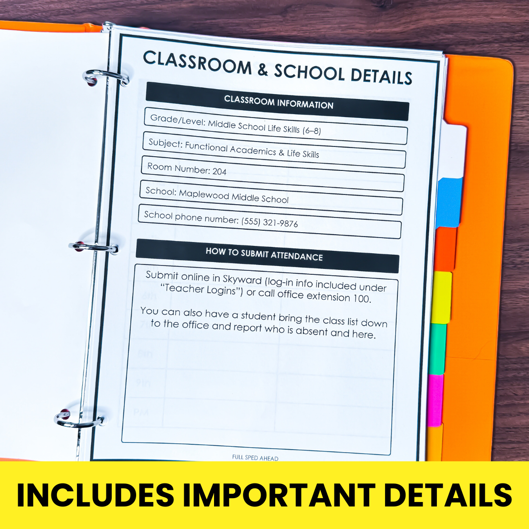 Substitute Teacher Planner Emergency Sub Binder Editable Special ...